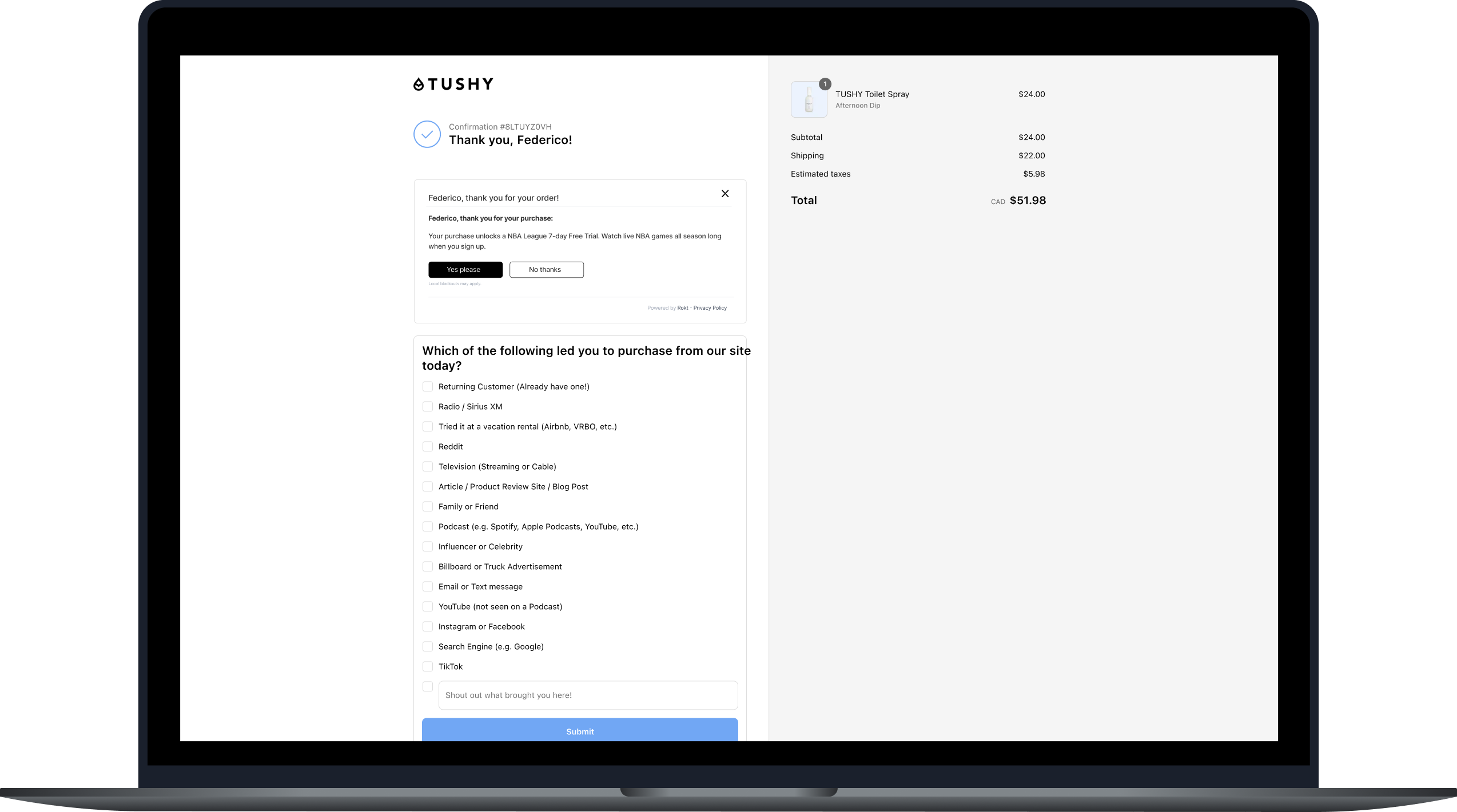 Tushy Rokt Thanks – Aftersell Demo Store